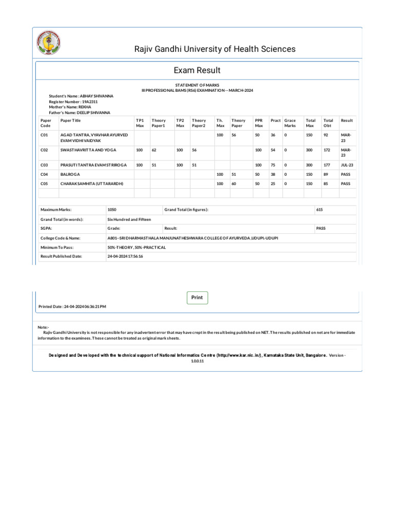 Rajiv Gandhi University of Health Sciences Exam Result | PDF