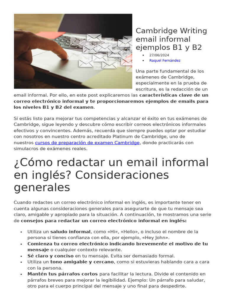 Ejemplos de email informal B1 y B2 | PDF | Lingüística | Comunicación ...