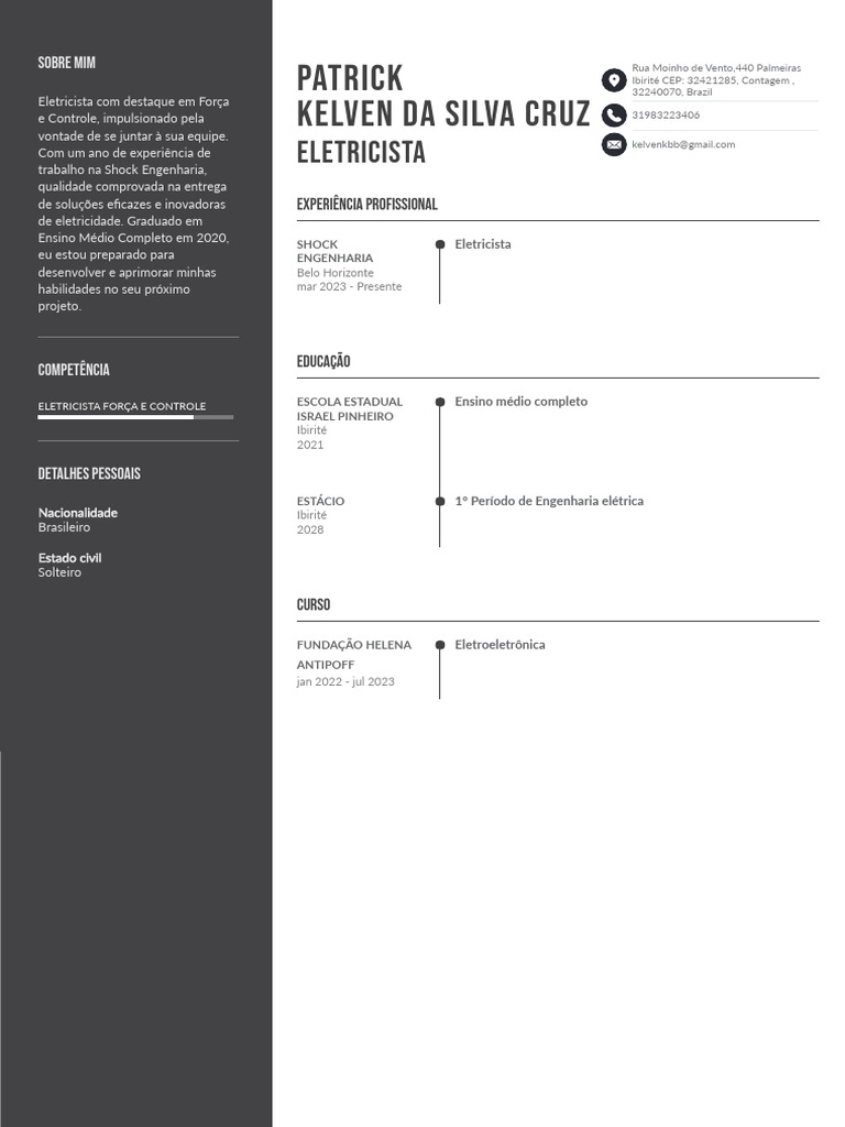 Patrick Kelven Da Silva Cruz: Eletricista | PDF