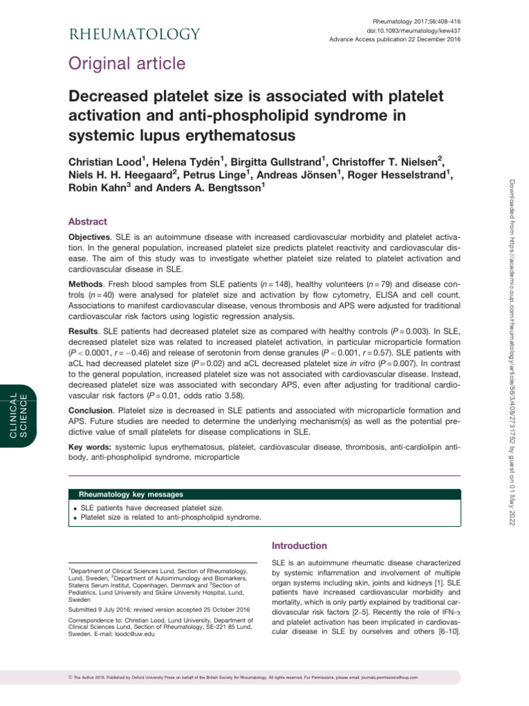 Decreased Platelet Size Is Associated With Platelet Activation and Anti ...