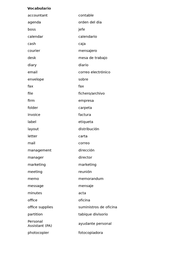 Vocabulario de Oficina en Inglés y Español | PDF