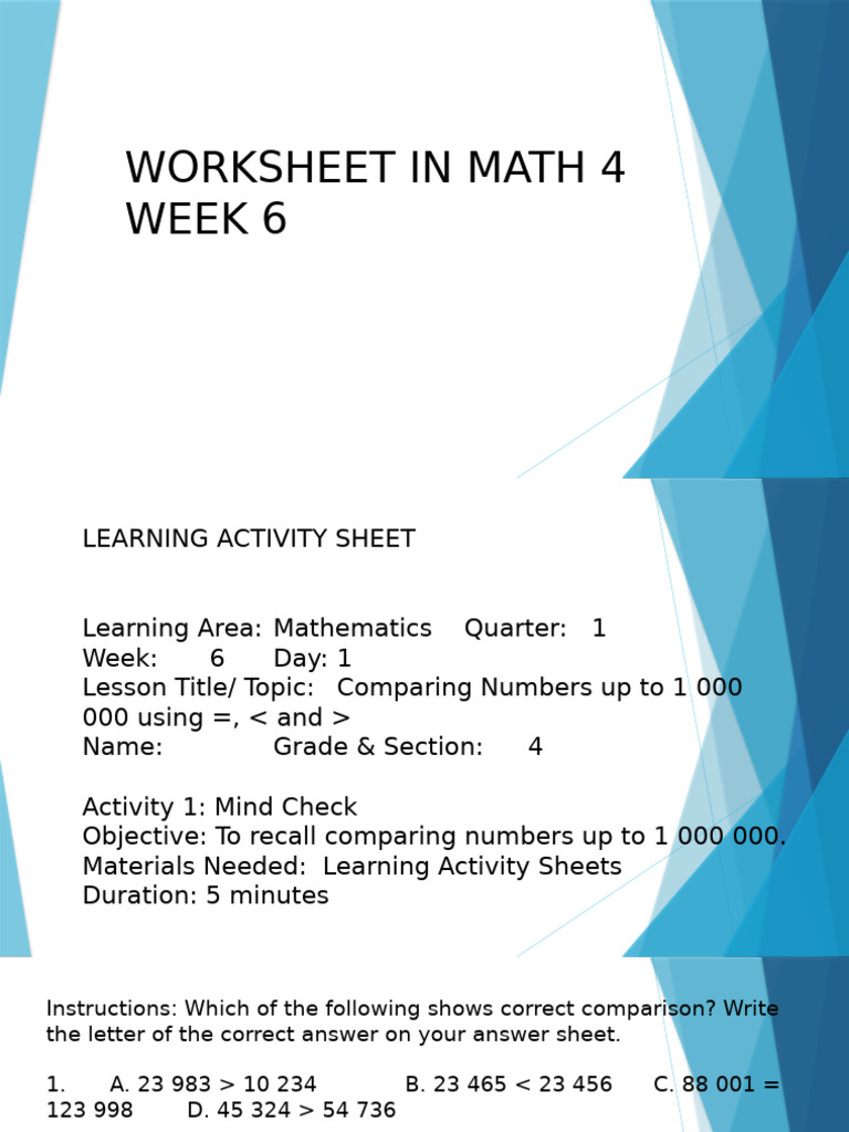 Math 4 Worksheet Week6 | PDF | Cognition | Learning
