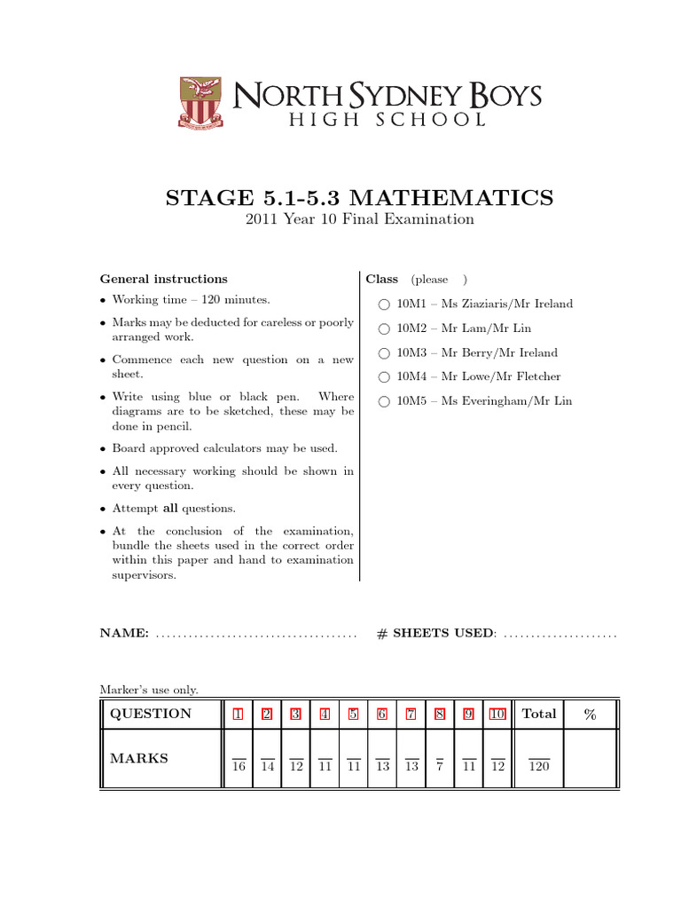 Year 10 Mathematics Exam 2011 | PDF | Cartesian Coordinate System ...
