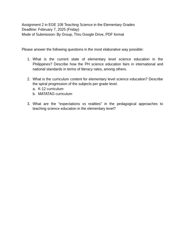 Assignment 2 in EGE 108 Teaching Science in the Elementary Grades | PDF
