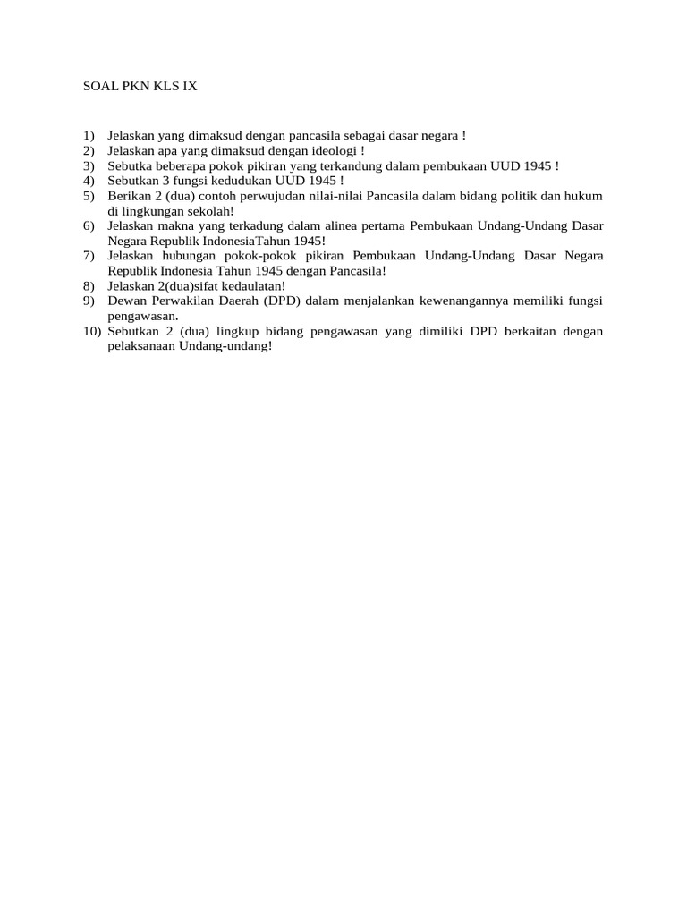 SOAL PKN KLS IX | PDF