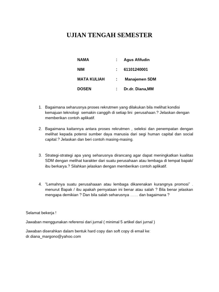 UTS Agus Afifudin Manajemen SDM Oleh Dr. dr. Diana. MM | PDF
