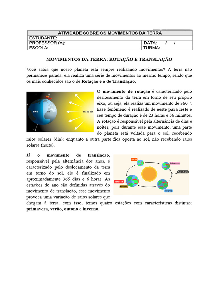 MOVIMENTOS DA TERRA | PDF | Terra | Planetas do Sistema Solar