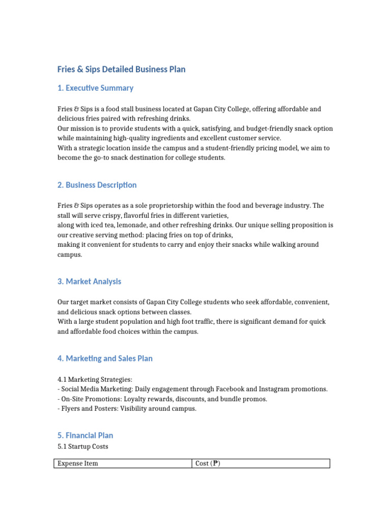 Fries & Sips Business Plan Overview | PDF