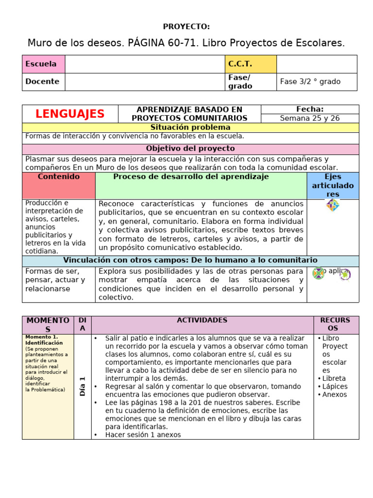 2° Proyecto Lenguajes Muro de Los Deseos Libro Pe | PDF | Escuelas | Aprendizaje