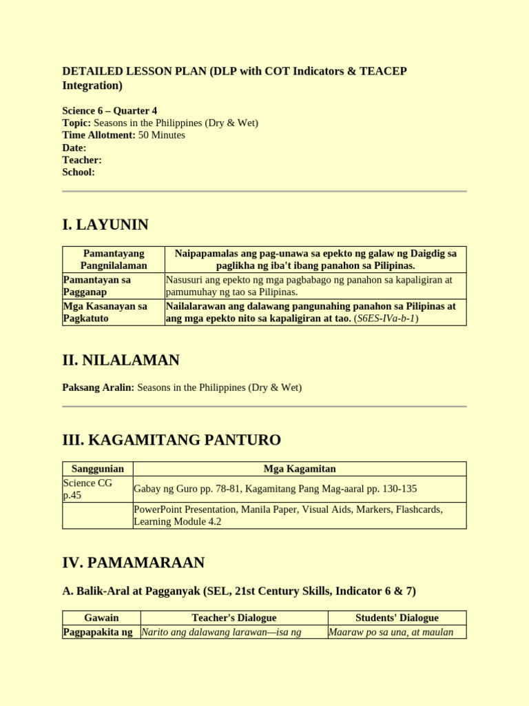 COT Science 6 Q4 Seasons Philippines DETAILED LESSON PLAN | PDF