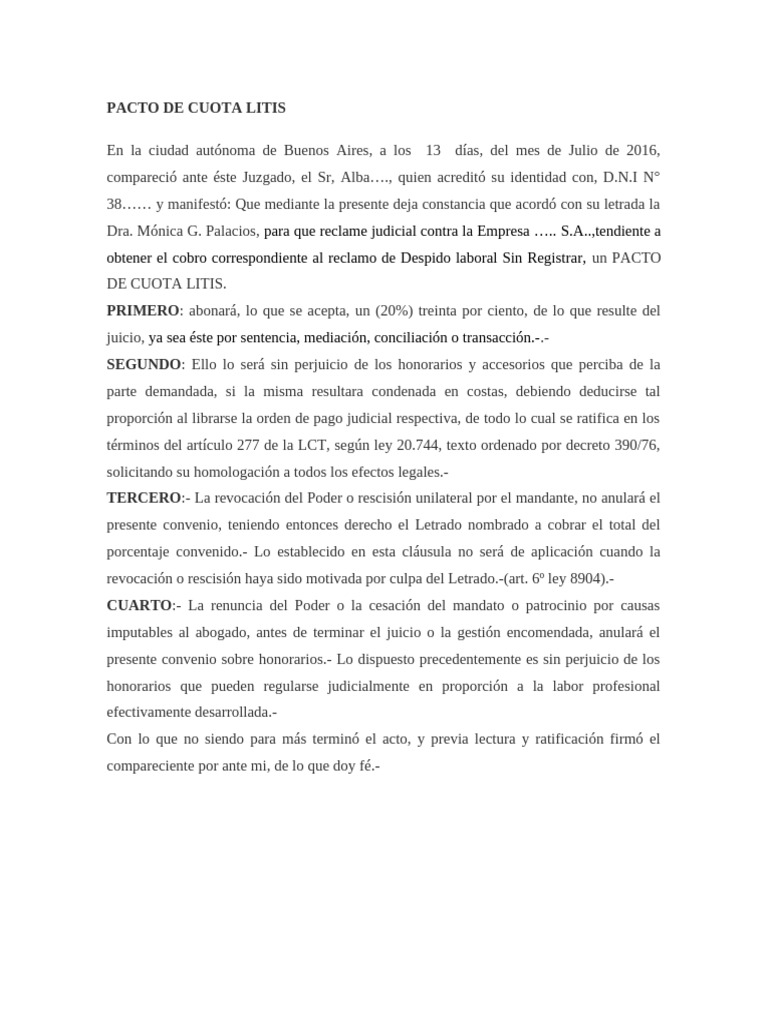 Pacto de Cuota Litis en Despido Laboral | PDF