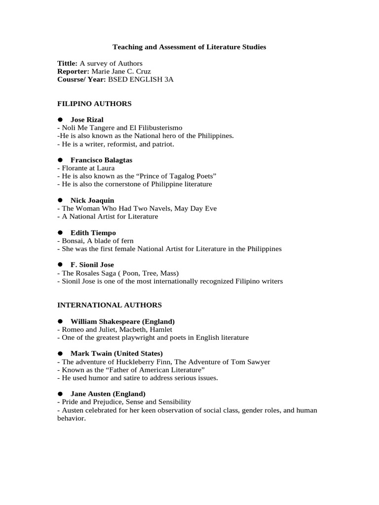 Filipino and International Authors Overview | PDF