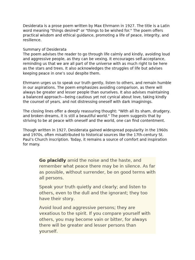Desiderata: Wisdom for Life's Journey | PDF
