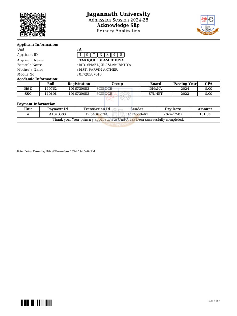 Jnu-Admission-2024-2025-1073308 Sumon | PDF