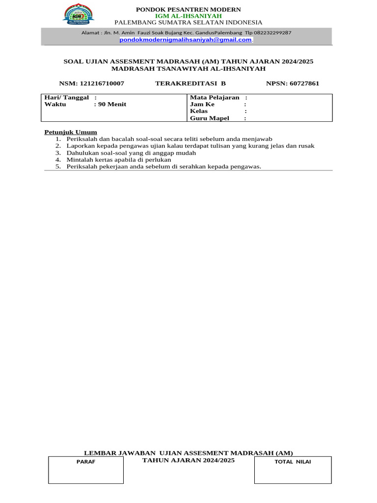 Blanko Soal Dan LJK Am-Um 24-25 MTS | PDF