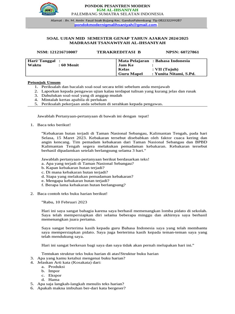 BLANKO UJIAN MID GENAP THN 2024-2025 MTs AL-IHSANIYAH B.Indo kls 7 dan 9 | PDF