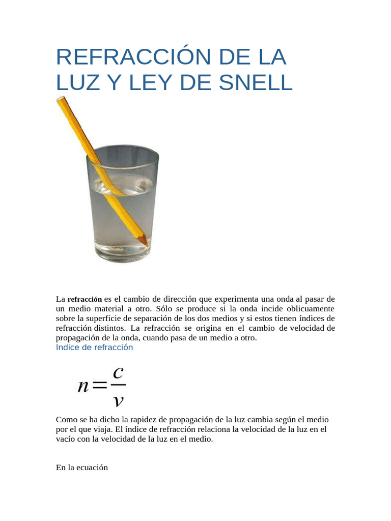 Refracción de La Luz y Ley de Snell | PDF | Refracción | Índice de ...