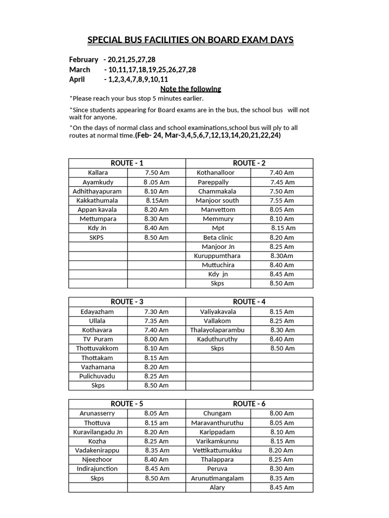 Bus Timings On Board Exam Days | PDF
