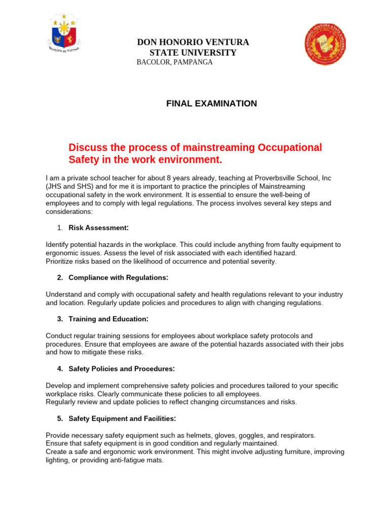 Osh Final Exam Restymanansala | PDF | Hazards | Personal Protective Equipment
