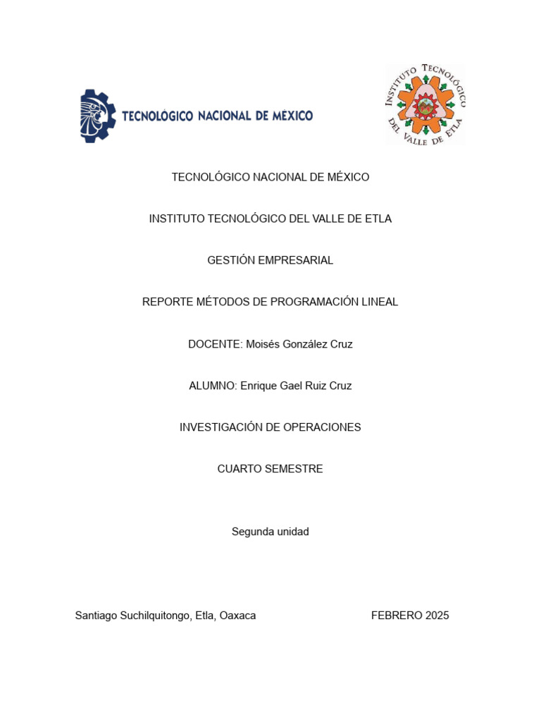 Reporte. Métodos de Programación Lineal | PDF | Programación lineal | Optimización Matemática