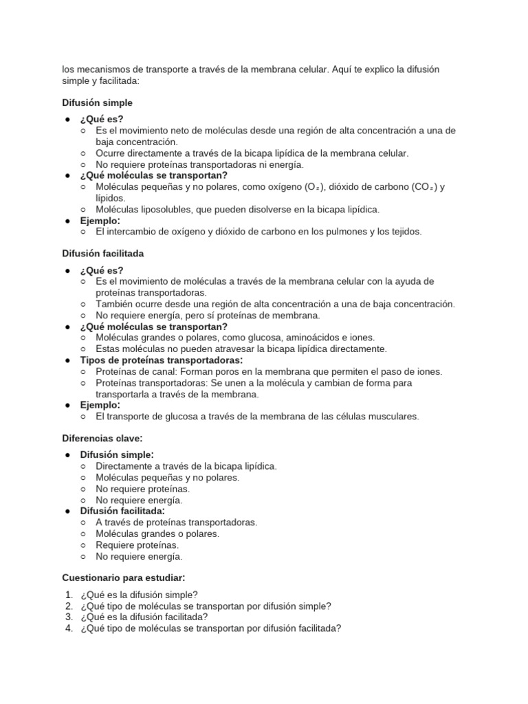 Difusión Simple y Facilitada en Células | PDF | Difusión | Membrana celular