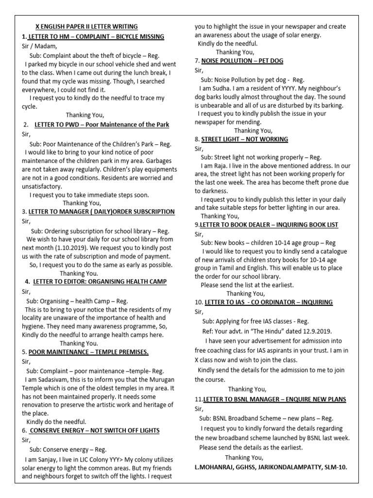 10th English Letter Writing Study Material by Mr. L. Mohanraj | PDF