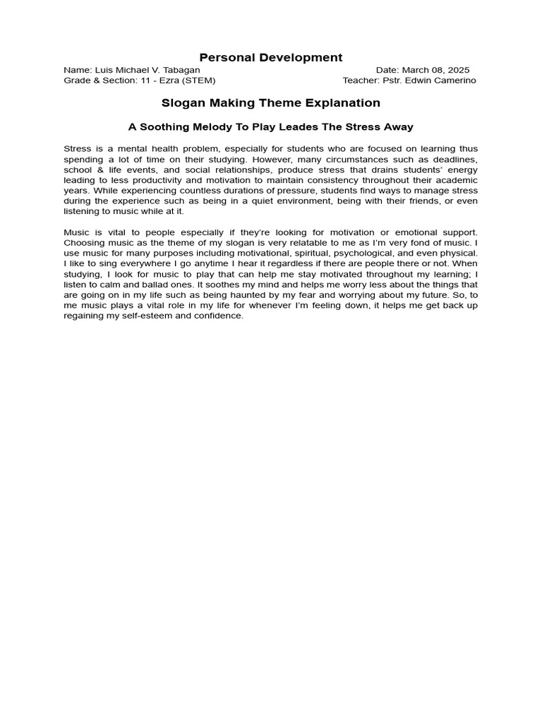 Slogan Brief Explanation (Personal Development - Grade 11, 2nd Semester ...