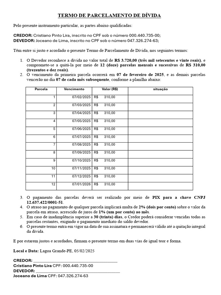 Termo de Parcelamento de Divida Joceano | PDF
