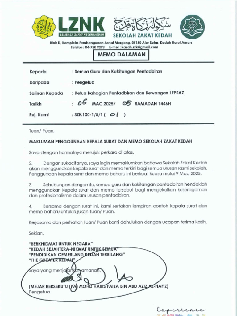 Makluman Penggunaan Kepala Surat Dan Memo Szk | PDF