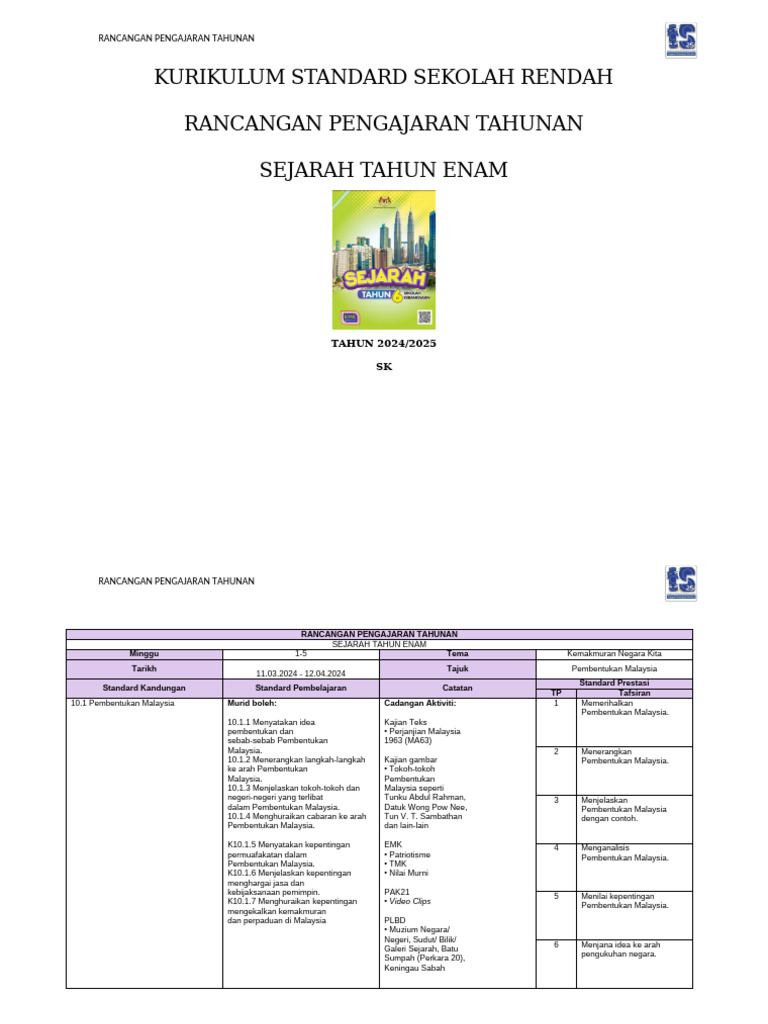 RPT Sejarah T6 2024-2025 | PDF