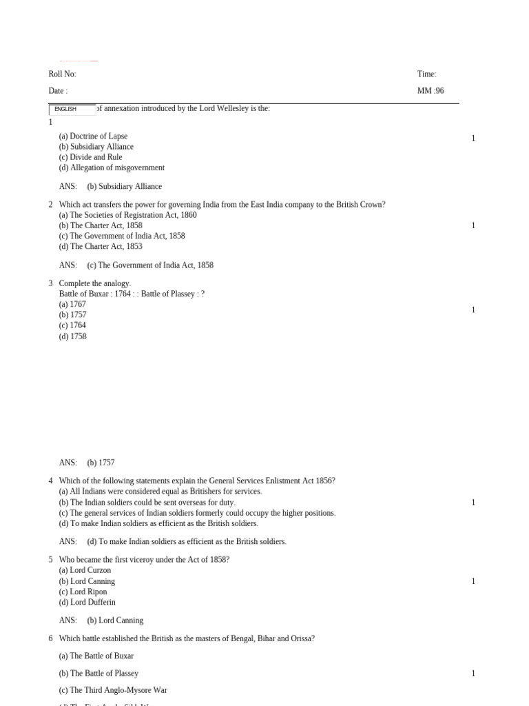 Answer Mcqs History Class 10 | PDF | British Raj | Indian Rebellion Of 1857