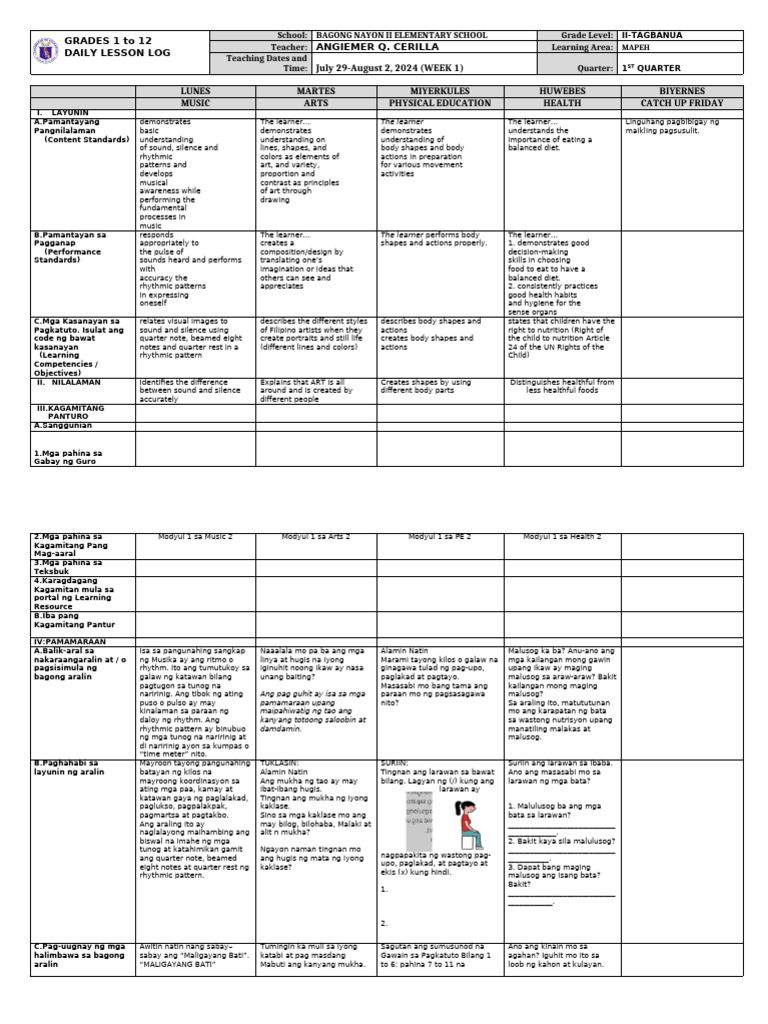 DLL Mapeh-2 Q1 W1 | PDF