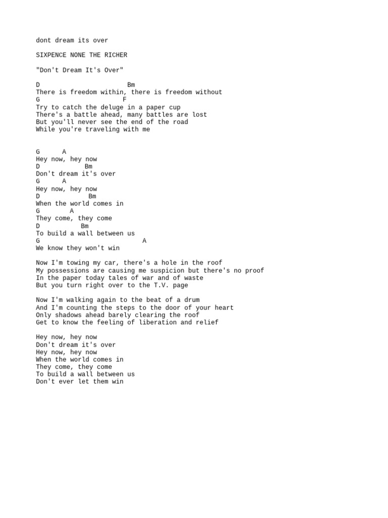 Dont Dream Its Over Chords | PDF