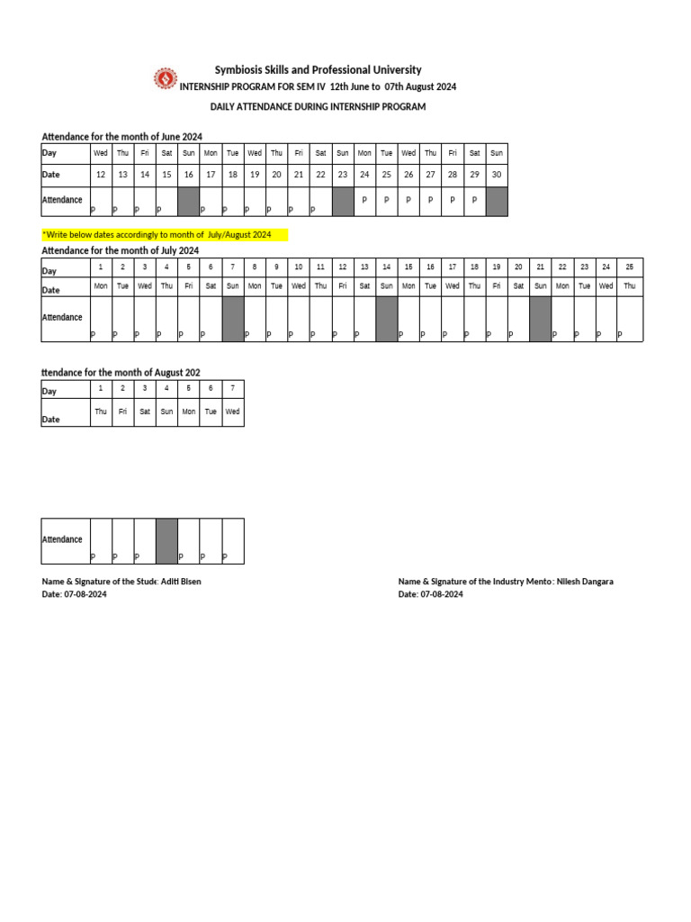 Internship Attendance Sheet | PDF