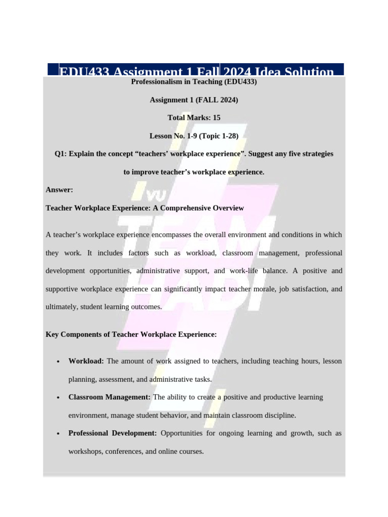 Edu433 Assignment No 1 Fall24 | PDF | Classroom Management | Teachers