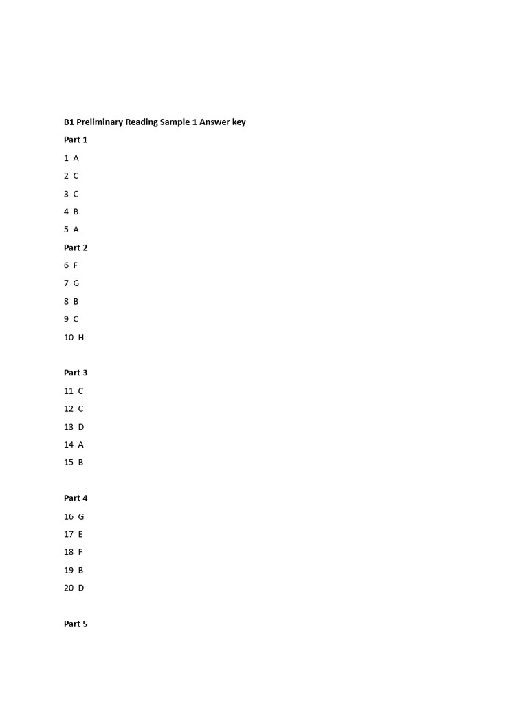 b1 Preliminary Reading Sample Test 1 Answer Key | PDF
