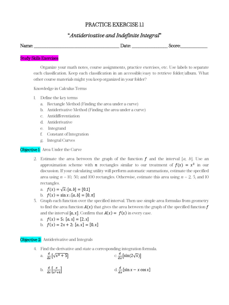 Practice-Exercise-1.1 (2) | PDF | Integral | Area