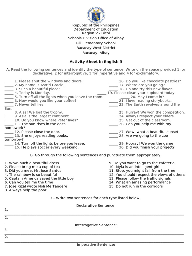 English 5 Sentence Types Activity Sheet | PDF