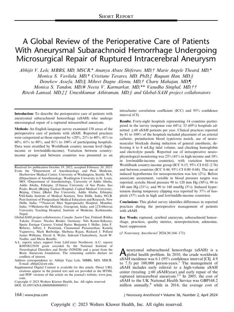 A Global Review of The Perioperative Care of Patients With Aneurysmal ...