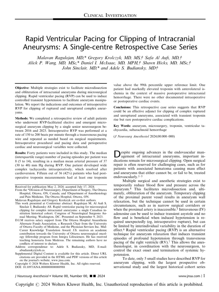 Rapid Ventricular Pacing for Clipping of Intracranial Aneurysms | PDF ...