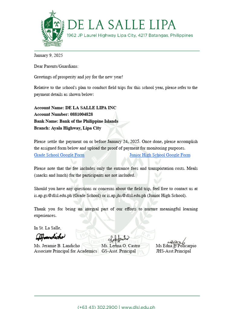 Letter To Parents - IS Field Trips Payment 1 | PDF