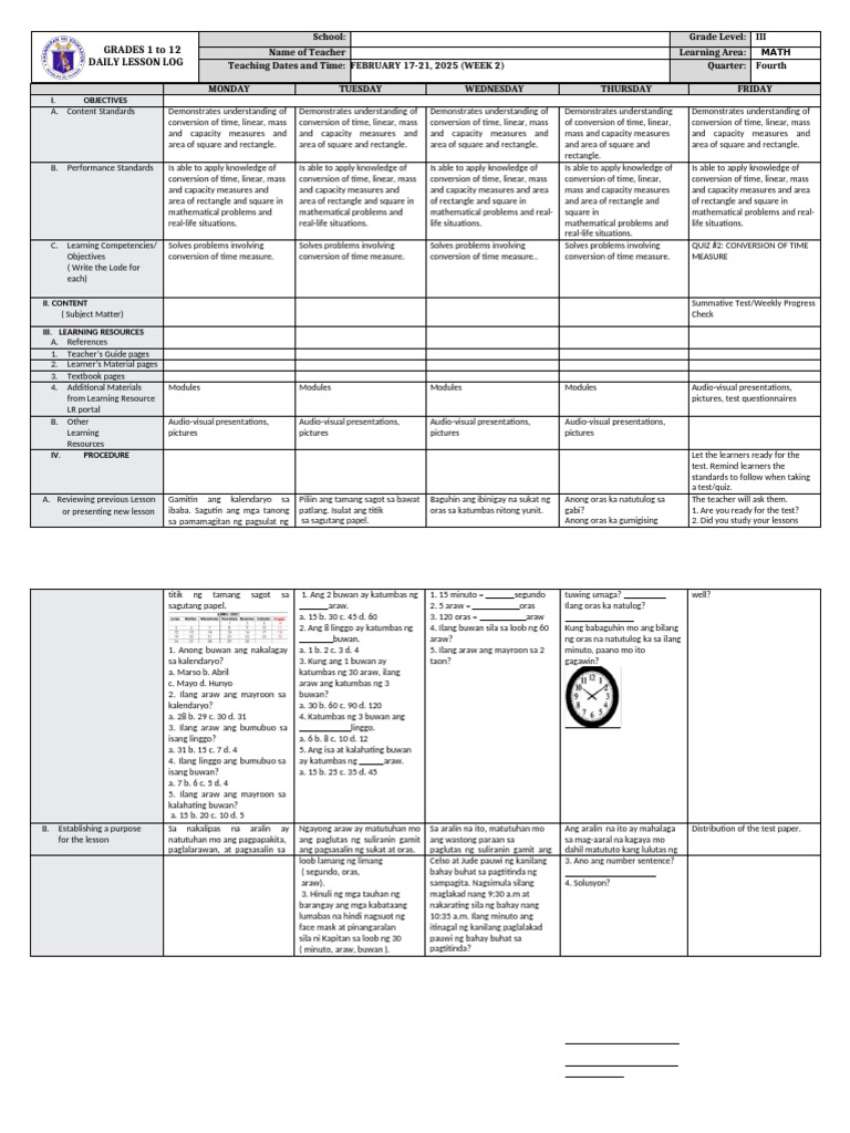 DLL Mathematics 3 q4 w2 v2 | PDF