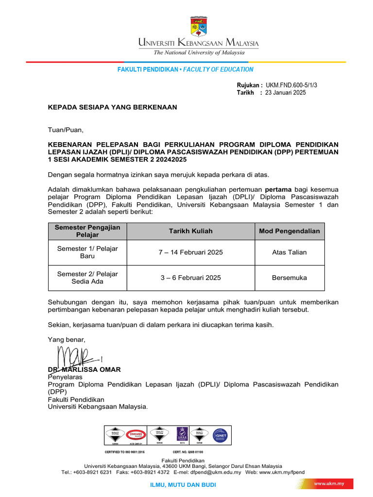 SURAT PELEPASAN KULIAH DPP DPLI FEBRUARI 2025 | PDF