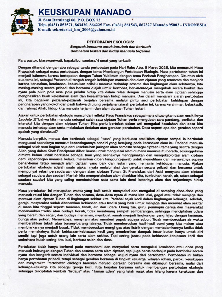 Surat Prapaskah Tahun 2025 Uskup Keuskupan Manado | PDF