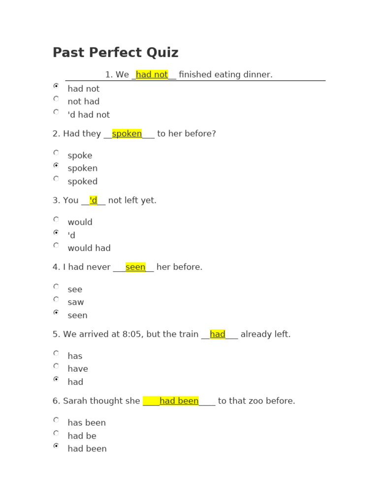 Activities Past Perfect Quiz | PDF