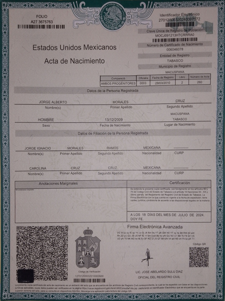 Acta de Nacimiento Jorge | PDF