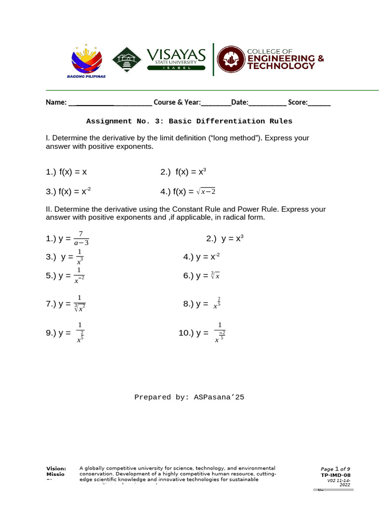 Cal 1 Esci 112 Assignment 3 Basic Derivatives | PDF