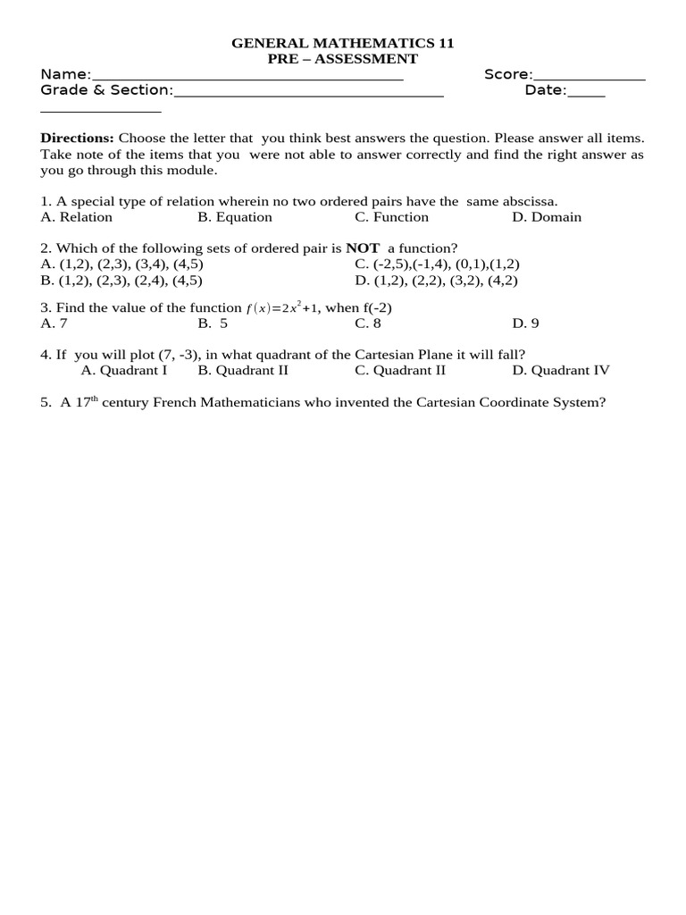 General Mathematics 11 Pre-Assessment | PDF