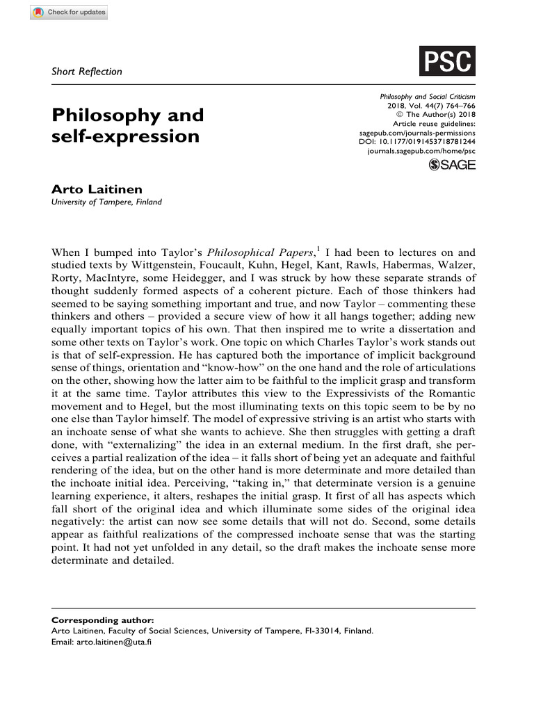 laitinen-2018-philosophy-and-self-expression | PDF | Georg Wilhelm Friedrich Hegel | Identity ...