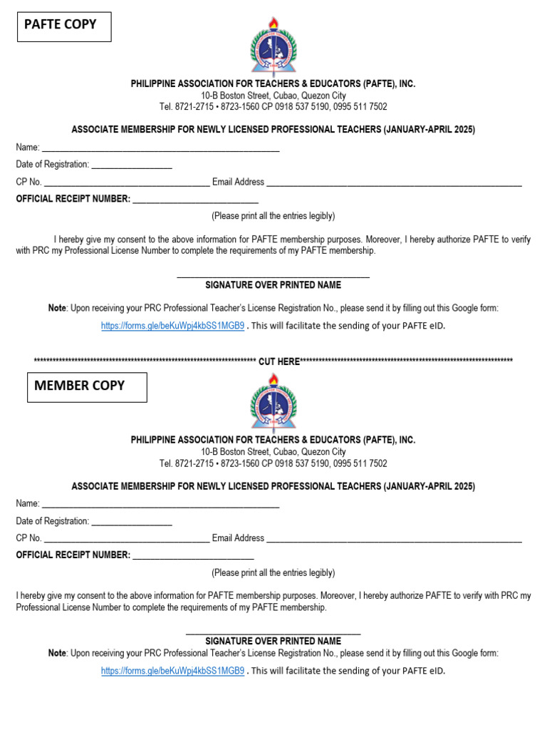 Pafte Registration and Authorization Form For New LPT January April ...